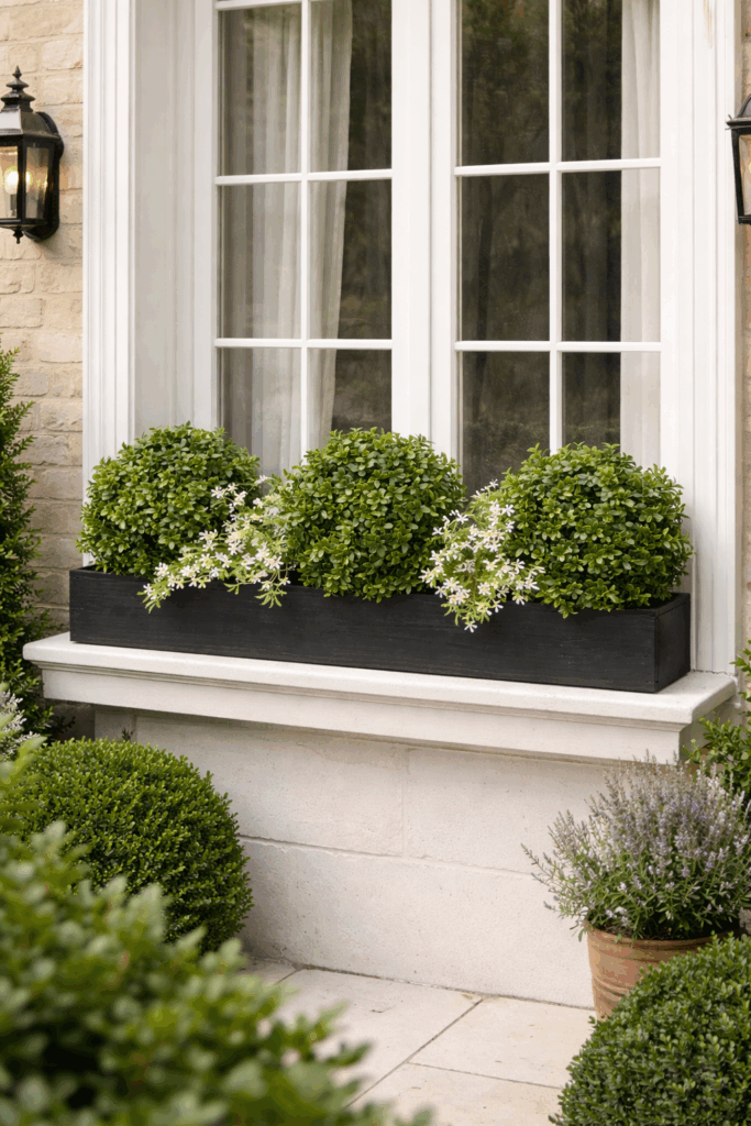 Artificial Buxus and Wildflower Window Box White - Evergreen Direct